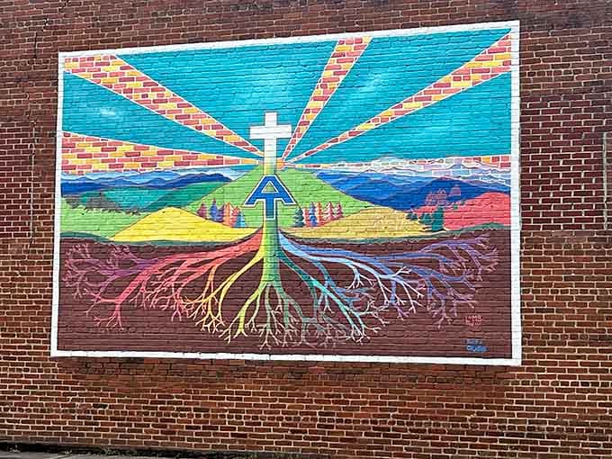This vibrant mural celebrates Damascus's deep roots and the trails that connect everything, literally and figuratively speaking here.