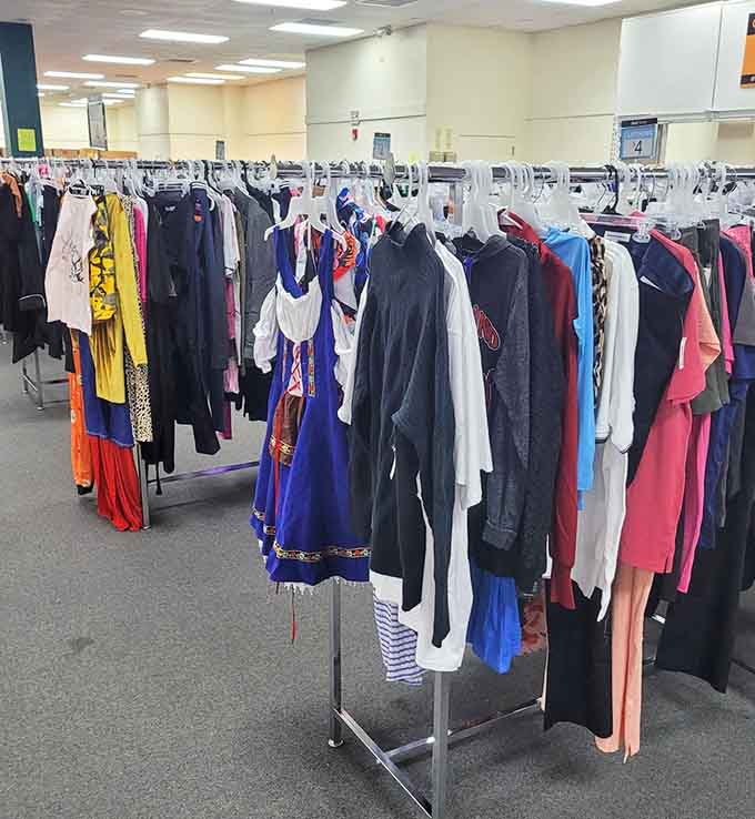 Clothing racks bursting with colorful options, making it easy to refresh your wardrobe without the usual guilt and expense.