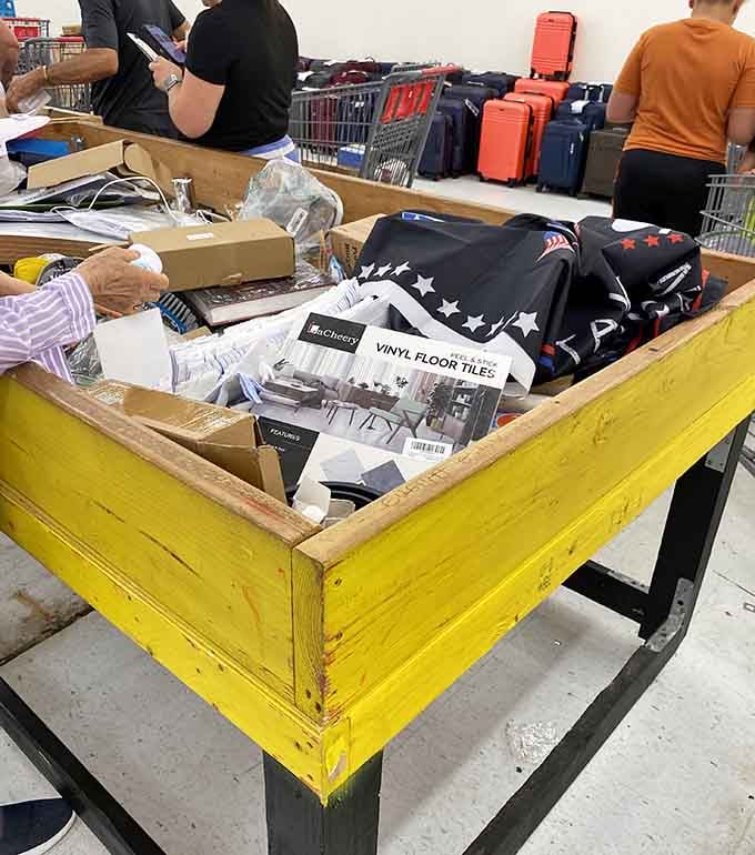 The yellow bin of wonders where vinyl floor tiles meet patriotic apparel in beautiful, chaotic harmony only discounters understand.