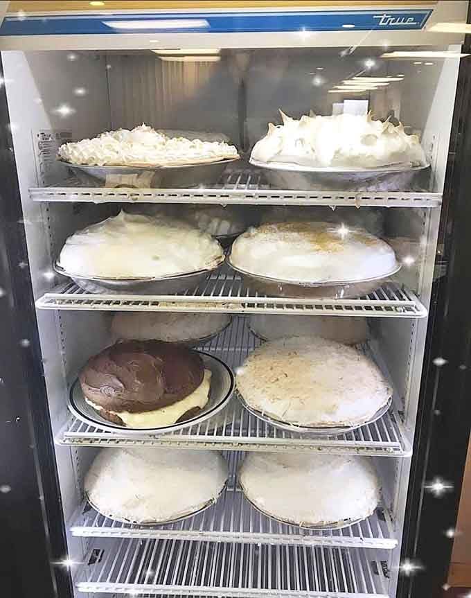 A refrigerator case full of homemade pies that could make a dessert lover abandon all self-control immediately.