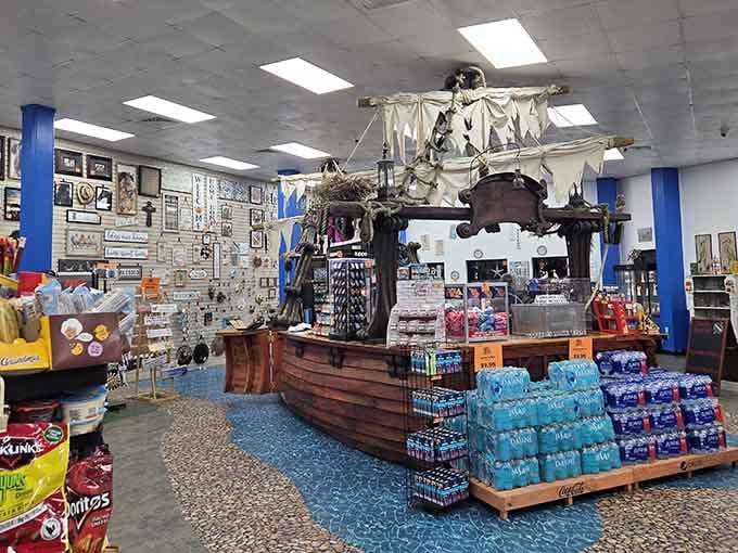 That wooden ship display proves this place doesn't do anything halfway, including their commitment to interesting decor and good snacks.