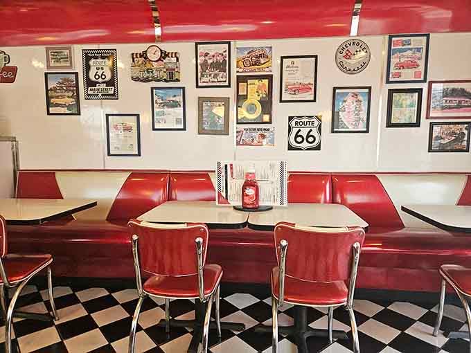 Route 66 memorabilia adorns the walls, transporting diners to America's golden age of road trips and diners.