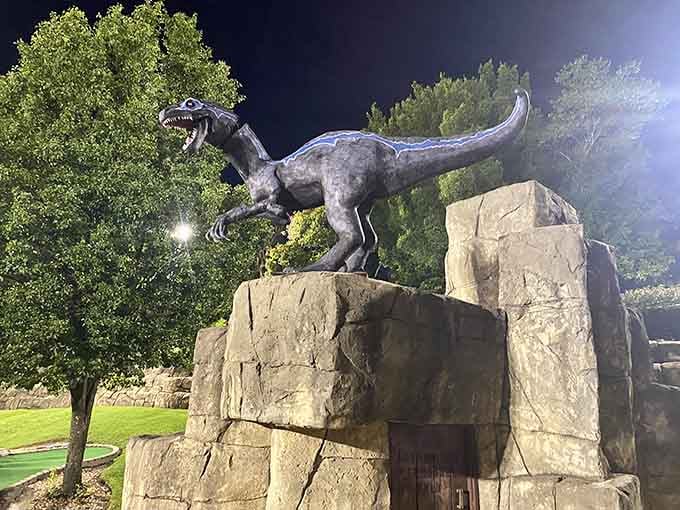 This velociraptor perched on ancient ruins judges your putting form with the intensity of a golf pro.