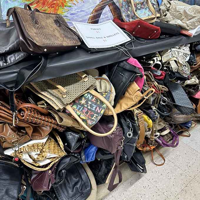 This mountain of purses contains someone's perfect bag, assuming they have the patience to excavate for it.