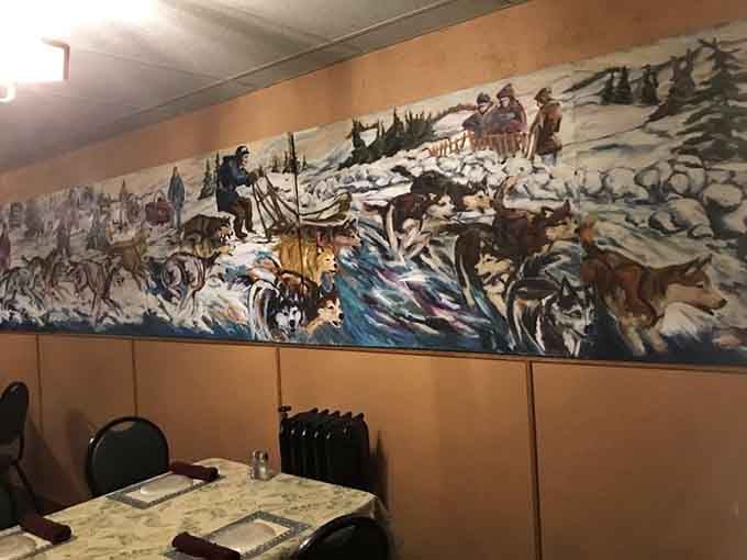 Stunning mural artwork depicting northern wilderness scenes that transport diners to Wisconsin's rugged frontier days of old.