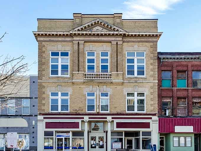 Downtown architecture mixes eras and styles like a visual timeline of American small-town commerce through the decades.