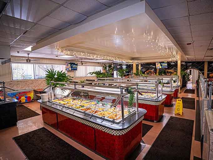 Behold the promised land: rows of buffet stations stretching toward infinity, or at least dinner.