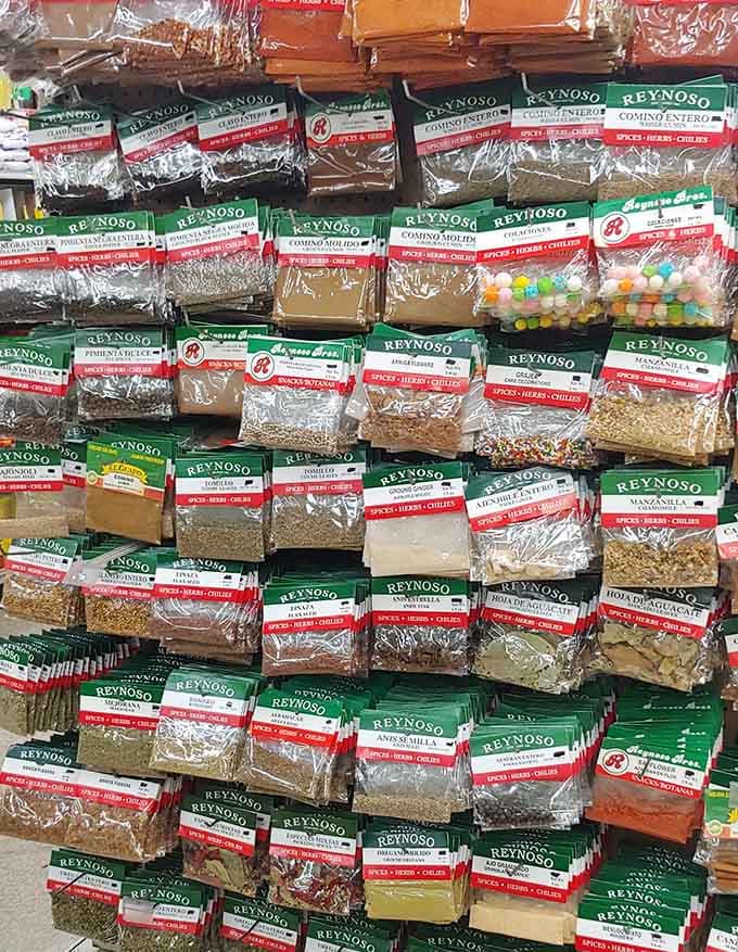 Spice shelves stocked with flavors you won't find anywhere else, ready for your home cooking adventures.