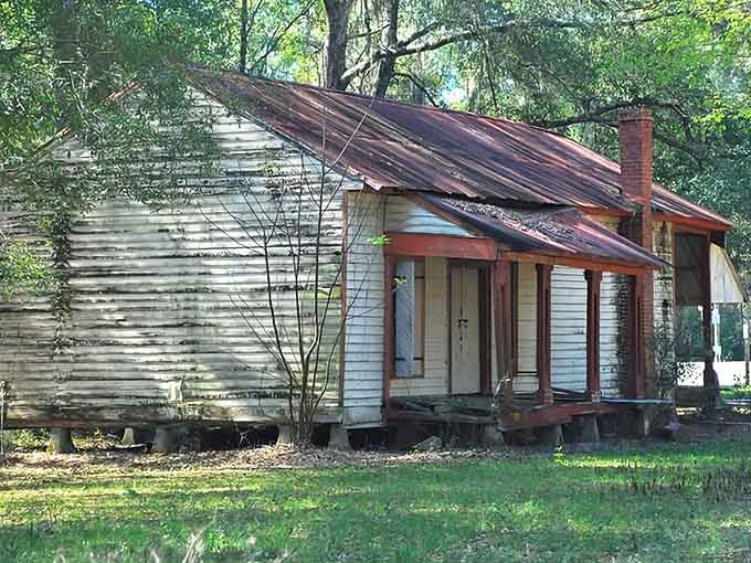 Peeling paint and a collapsing roof can't diminish the dignity of this old house that refuses to completely disappear.