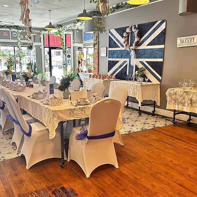 Tables set with lace and Union Jack flags transform a simple meal into a transatlantic journey without the jet lag.