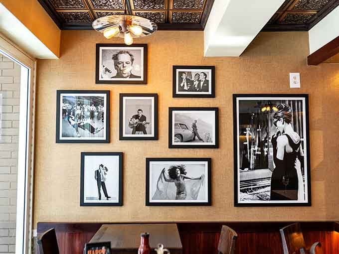 Classic photography adorning the walls adds sophistication without making the place feel like a stuffy museum exhibit.