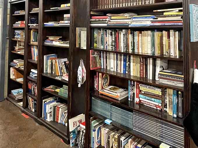 Solid wood shelving packed with stories, both literal and the kind you'll tell about finding them.
