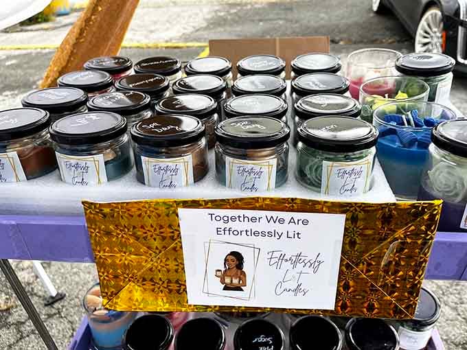 Handmade candles with clever names prove local artisans bring creativity and charm to every corner of this market.