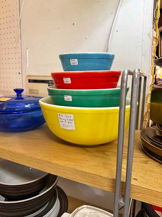 Colorful Pyrex bowls stack perfectly, just like the ones your grandmother used for every family gathering.