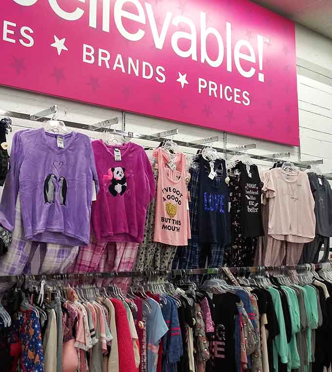 Racks of girls' clothing stretch endlessly, offering everything from sequined tops to cozy pajamas without the department store markup.