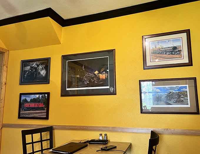 Railroad photography decorates the bright yellow walls, celebrating the heritage and history of this special northwoods community we love.