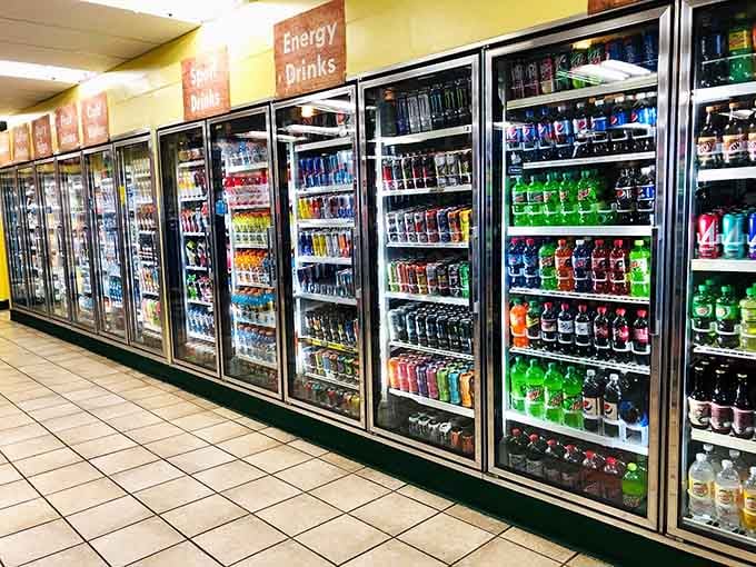 An entire wall of cold beverages means you'll find exactly what you need to wash down that fudge.