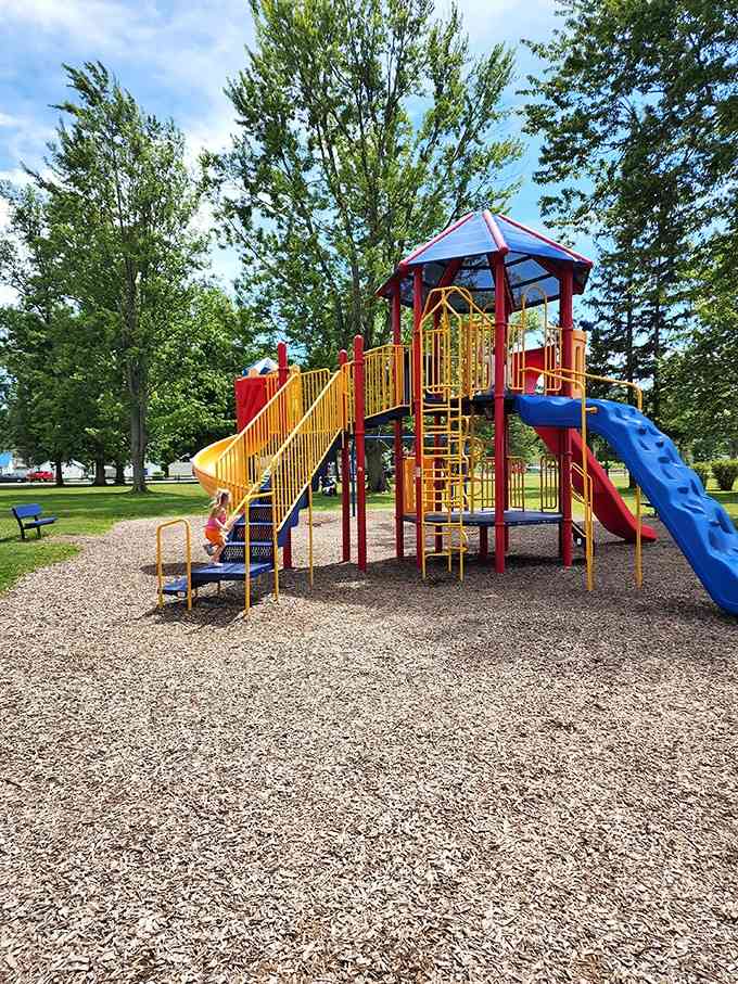 This vibrant playground keeps grandkids entertained while you catch your breath on nearby benches, everyone wins.