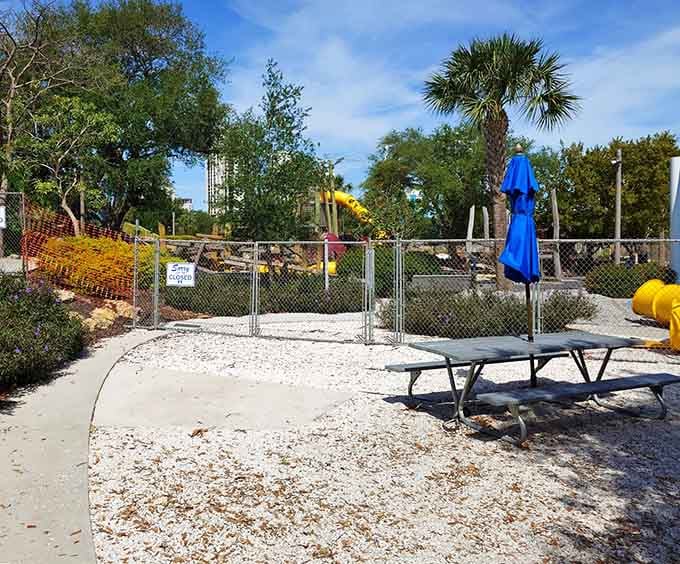 A picnic table with an umbrella means parents can refuel while supervising the aquatic chaos unfolding nearby.