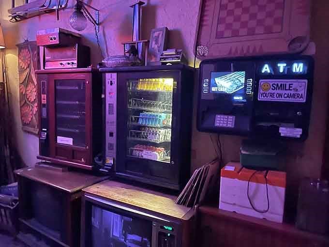 Vintage vending machines and an ATM create authentic period details that transport you straight to disco-era America.