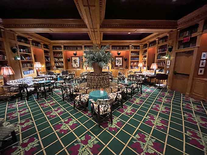 Rich wood paneling and plaid carpeting create a library atmosphere perfect for sipping wine and contemplating life's finer moments.