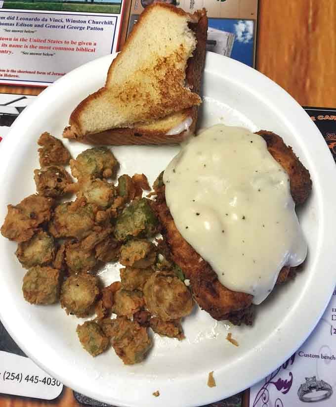 Fried okra and chicken fried chicken with all the fixings create a plate that would make any grandmother beam proudly.