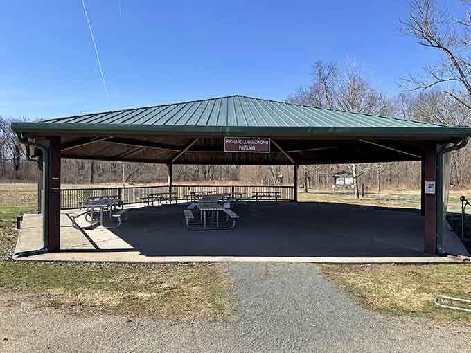 This covered pavilion offers shade for summer picnics and shelter when afternoon showers decide to crash your outdoor lunch.
