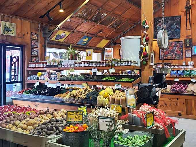Donaldson Farms overflows with fresh produce displayed in rustic wooden bins, farm-to-table without the pretension.