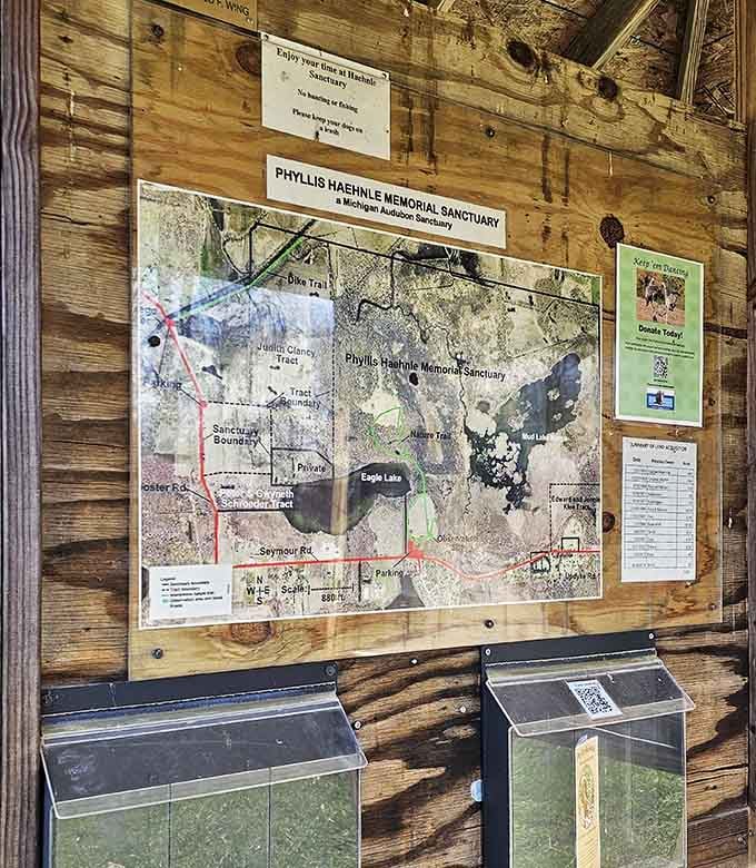 Trail maps and educational displays proving that getting lost in nature requires surprisingly good planning these days.