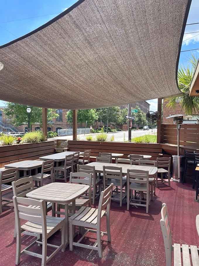Shaded outdoor seating lets you enjoy Charleston weather while contemplating your next order.