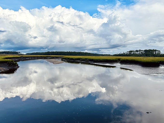 The sky doubles itself in the water, making you question which world is the reflection.