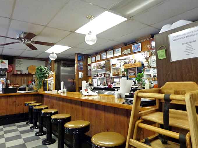 Counter seating with classic stools offers front-row views to the breakfast action happening behind the scenes all morning.