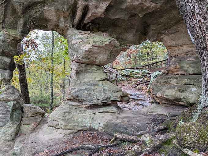 Natural sandstone arches frame the forest beyond, proving Missouri does dramatic geology surprisingly well.