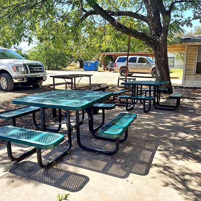 Shaded picnic tables under sprawling trees turn a simple lunch into a peaceful escape from modern chaos.