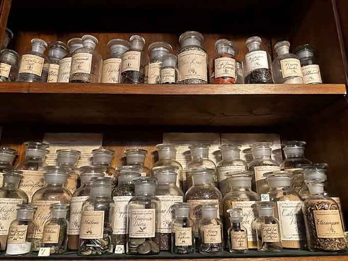 Vintage apothecary jars lined up like soldiers, each labeled herb waiting to add authenticity to your spiritual practice.