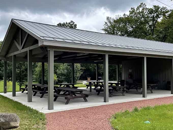 The covered pavilion provides modern comfort near historic charm, because even time travelers need shade for their potato salad.