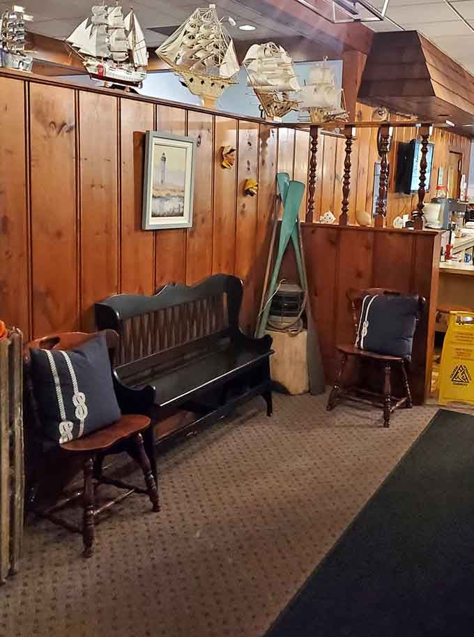 The waiting area features a bench and nautical touches, though you probably won't need it for long waits.