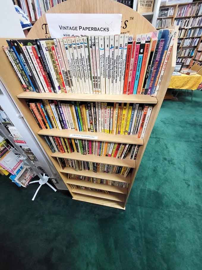 Vintage paperbacks stand at attention in their dedicated display, offering retro covers and timeless storytelling at bargain prices.