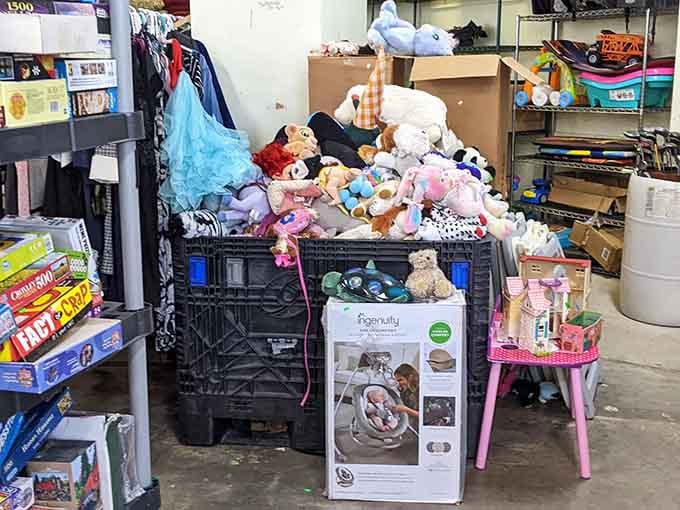 Stuffed animals pile high, ready to comfort children or nostalgic adults at genuinely reasonable prices.