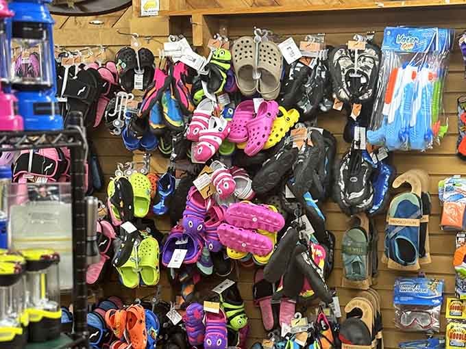 Colorful footwear hangs like a rainbow of comfort, because even your feet deserve Adirondack-appropriate fashion choices.