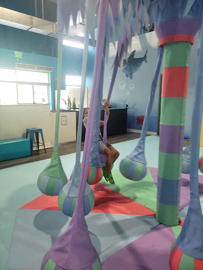 Aerial silks in an indoor playground, combining circus dreams with ocean themes in unexpected childhood perfection.