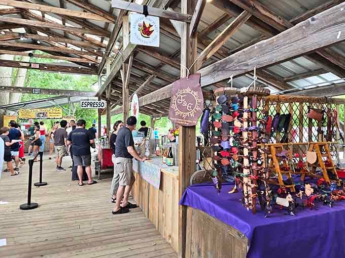 The Farmers Market pavilion hums with weekend activity, where buying vegetables becomes an actual social event worth attending.