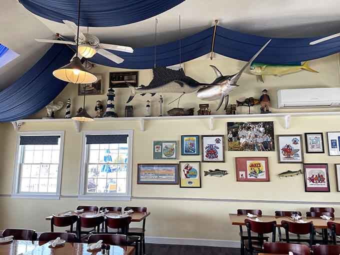 Mounted fish and maritime memorabilia tell stories of the sea without saying a single word.