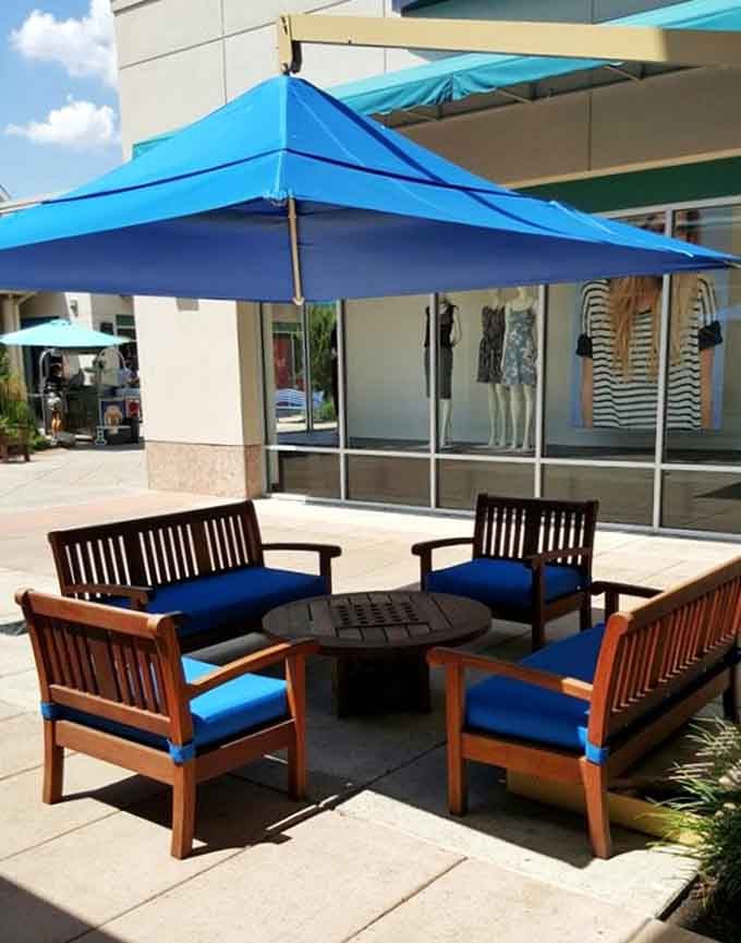 Outdoor seating areas provide crucial rest stops where you can contemplate your purchases and plan your next retail assault.