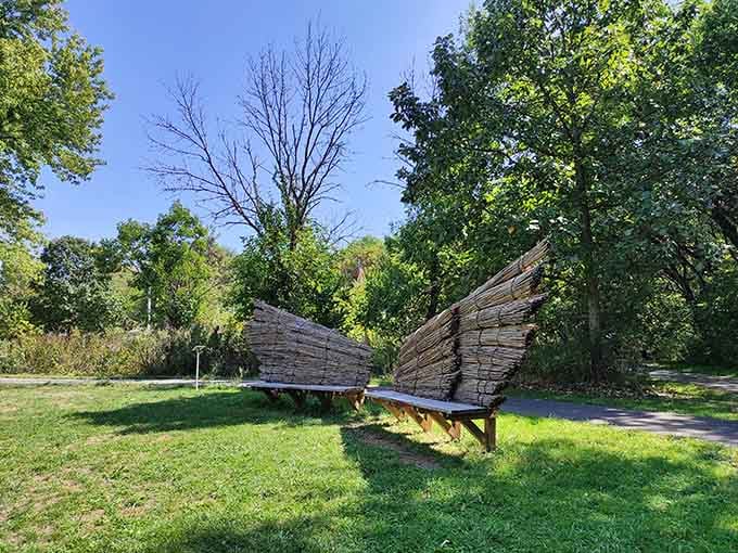 Wings-style bench invites contemplation, because even rest stops deserve a touch of artistic flair and whimsy.