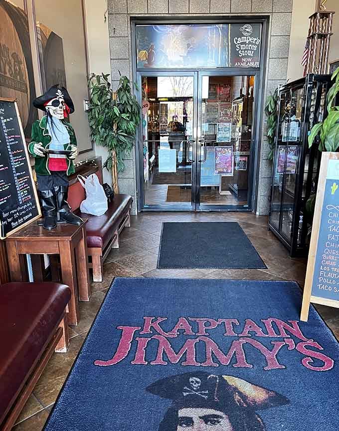 The waiting area welcomes you with a pirate mascot, setting expectations high before you've even seen a menu.