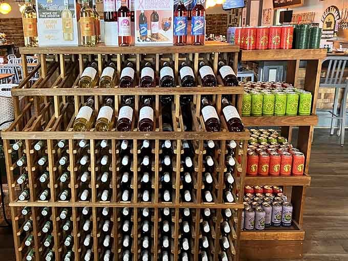 Shelves stocked with colorful bottles demonstrate the impressive variety produced right here on the farm property.