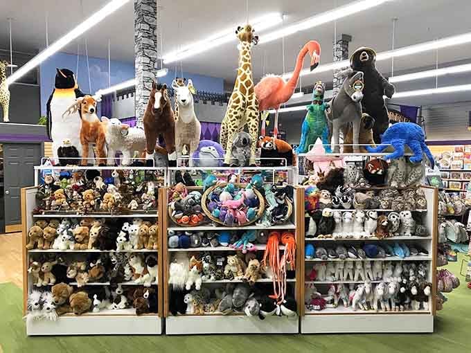 This stuffed animal menagerie rivals Noah's Ark, with plush creatures from flamingos to gorillas awaiting adoption and cuddles.