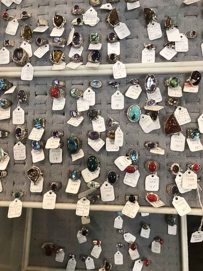 Vintage jewelry displays showcase stones and settings that prove quality craftsmanship never goes out of style.