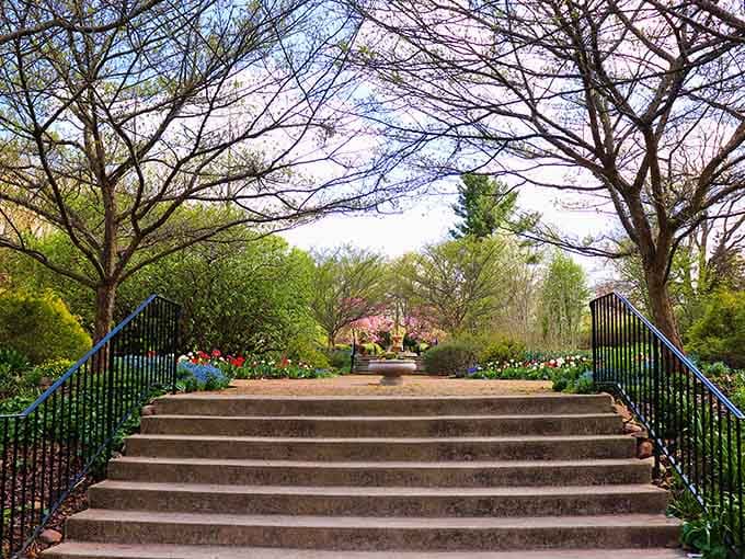 Stone steps flanked by flowering trees invite visitors upward through layers of carefully orchestrated botanical beauty.